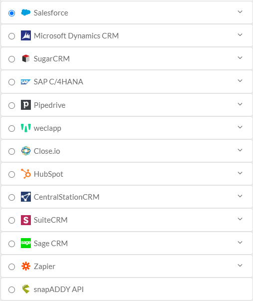 Which CRM systems are supported by snapAddy?